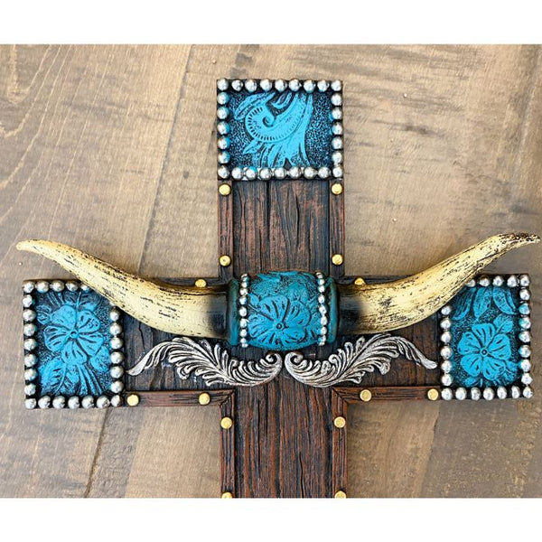 Horns and Tooled Leather Cross – Rustic Ranch Furniture and Decor